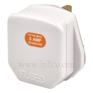 WHITE 13A PLUGTOP WITH 3A FUSE AND QUICK FIT CABLE RESTRAINT TO BS 1363 ...